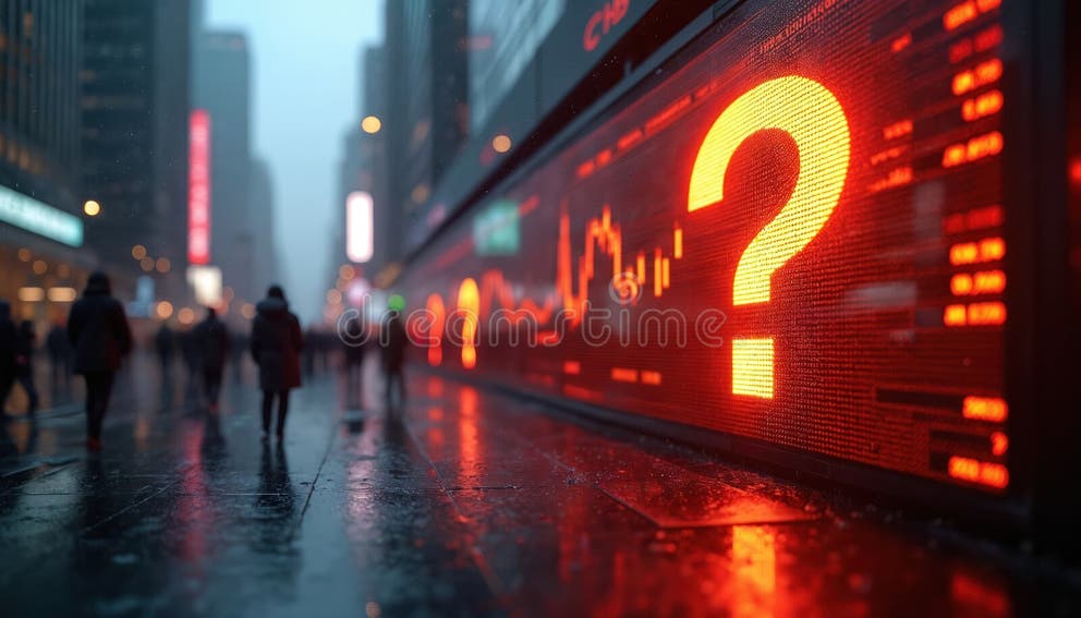 Financial District during Rain. Electronic Display Shows Question Mark ...
