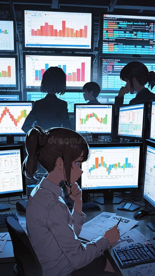 Financial District Scene of Anime Traders Analyzing Market Data in ...