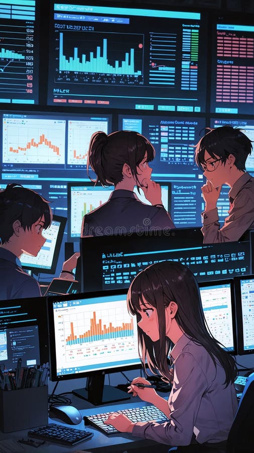 Financial District Scene of Anime Traders Analyzing Market Data in ...