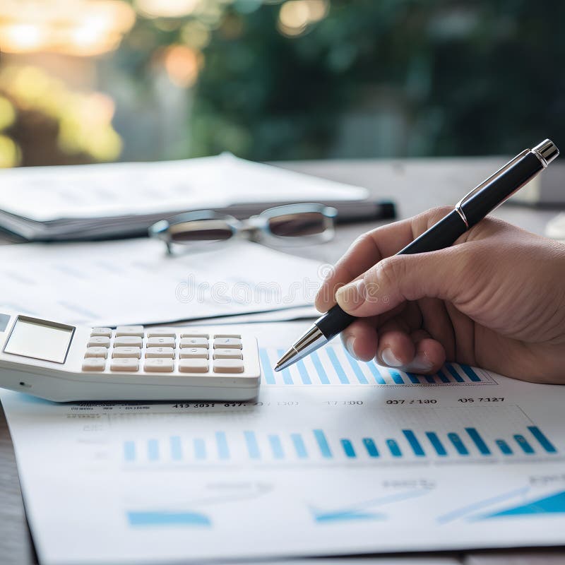 Financial Document with Calculator and Pen, Organized Data Implies ...