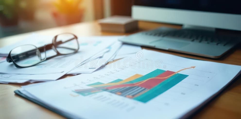 Financial Documents Spread on Desk, Side Copy Space, Desk, Data Stock ...
