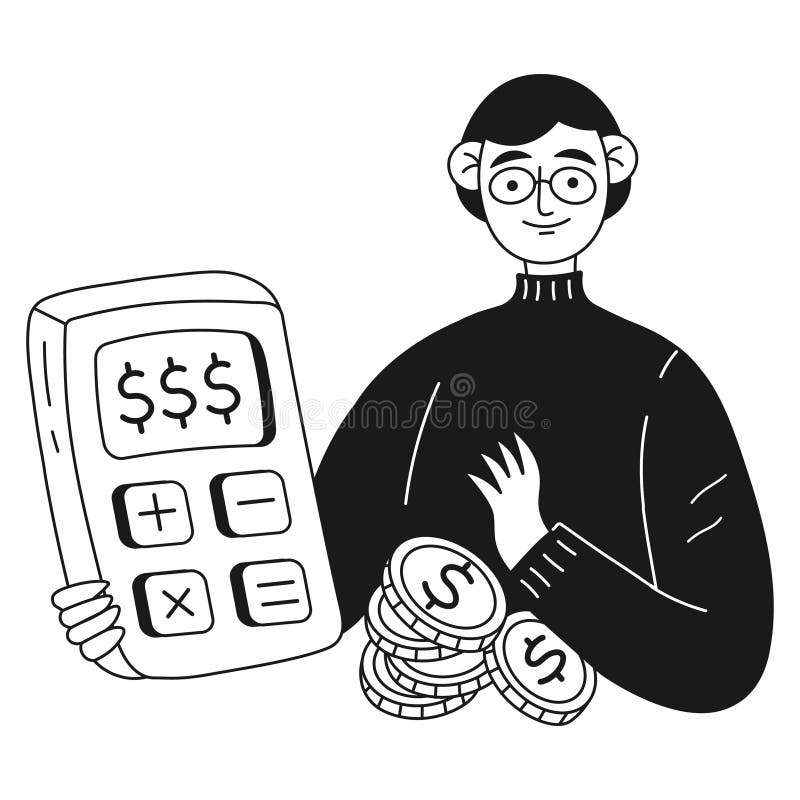 Financial Drawing of a Man with a Calculator Counting Money Stock ...