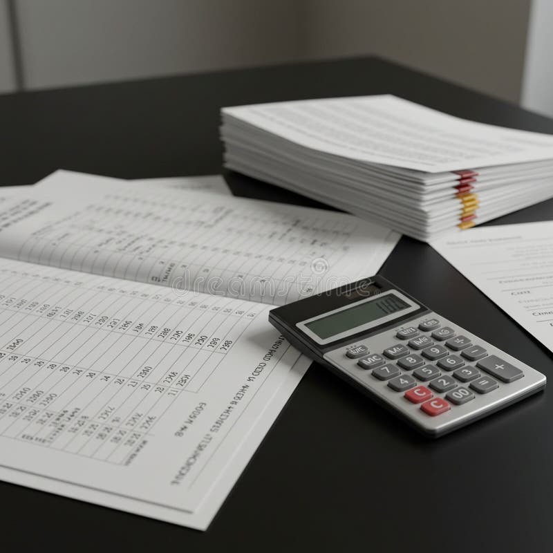 Financial Focus: Calculator and Documents on a Sleek Black Workspace ...