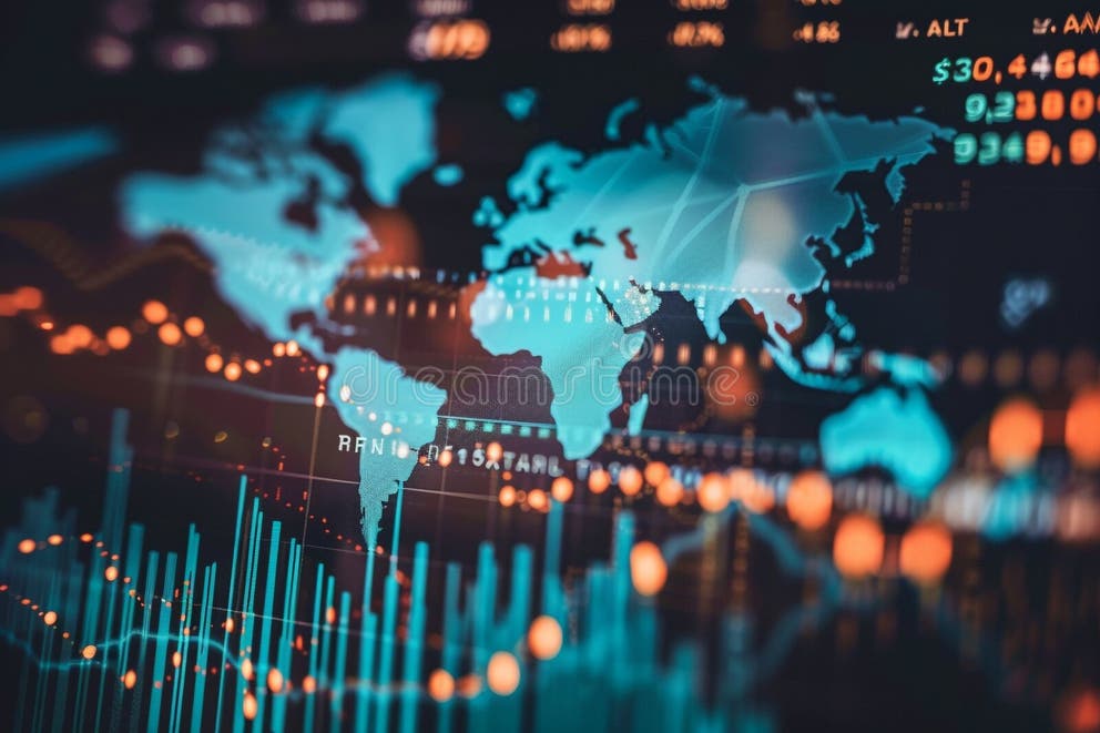 A Financial Graph on a Global Map is a Visual Representation of the ...