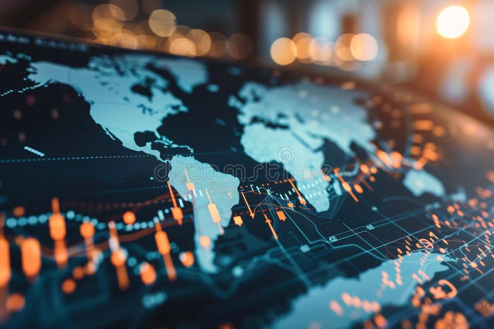 A Financial Graph on a Global Map is a Visual Representation of the ...
