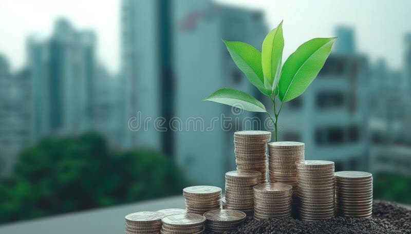Financial Growth Concept Plant Sprouting from Growing Stacks of Coins ...