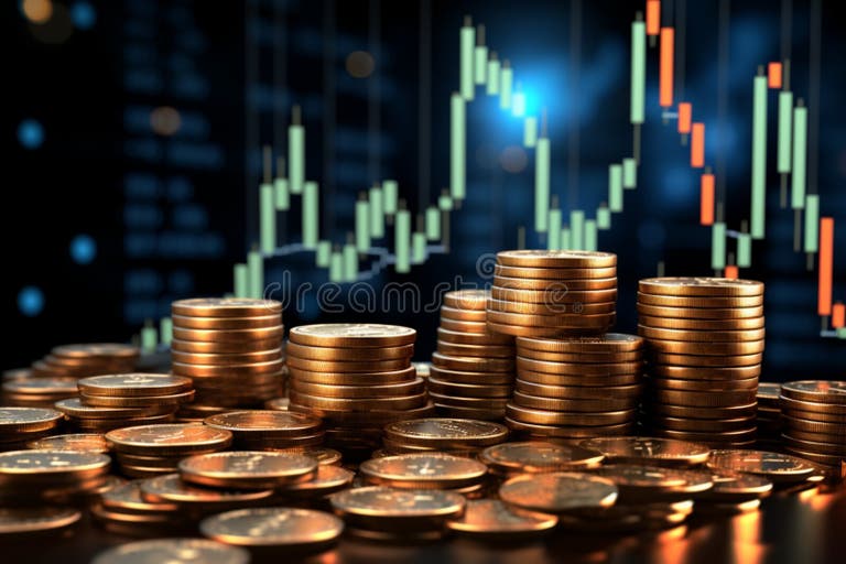 Financial Growth Visualization Coin Stack Rises Amid Stock Market Chart ...