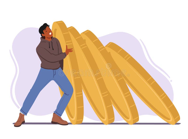 Financial Instability Concept. Character Pushing a Row of Oversized ...