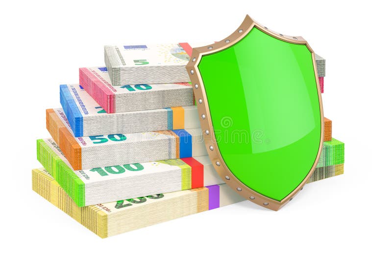 Financial Insurance Concept. Euro Packs with Shield, 3D Rendering Stock ...