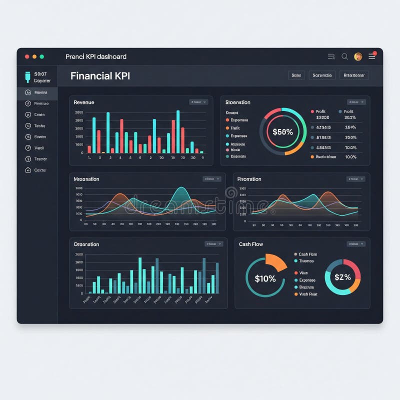 Financial KPI Dashboard Interface with Data Charts, Revenue Analytics, and Cash Flow ...