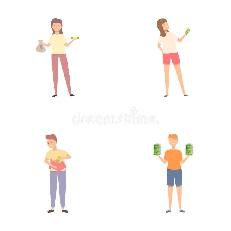 Financial Literacy Icons Set Cartoon Vector. Youngster Learning Basic ...