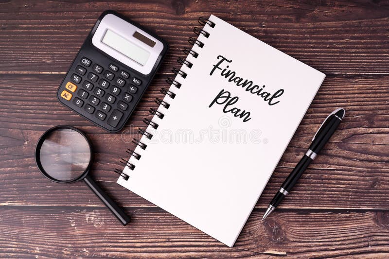 Financial Plan Text on Notepad, Pen, Calculator, Magnifying Glass Flat ...