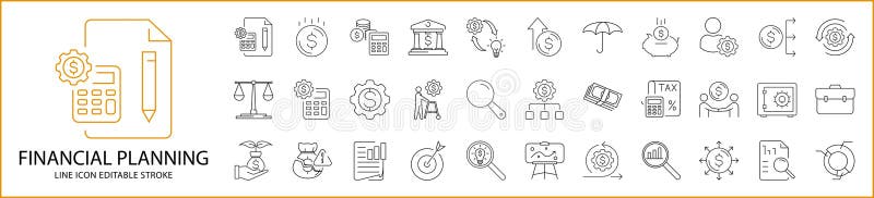 Financial Planning Icon Set in Line Style. Stock Vector - Illustration ...