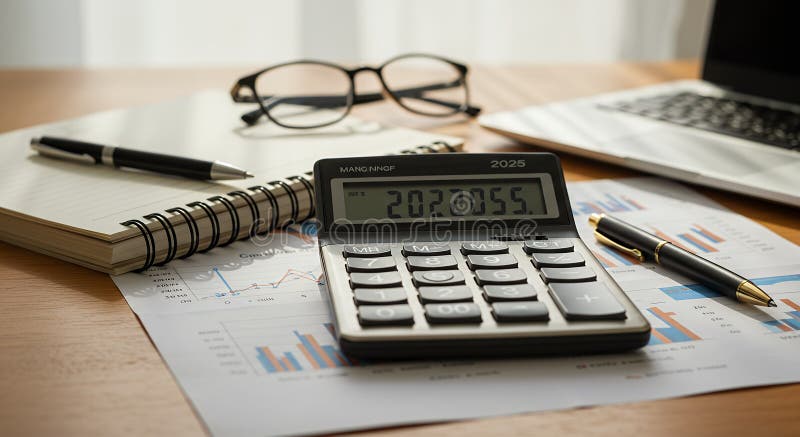 2025 Financial Planning: Business Desk with Calculator, Graphs ...
