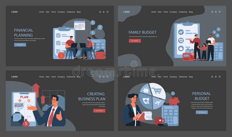 Financial Planning Web Banner or Landing Page Dark or Night Mode Set ...