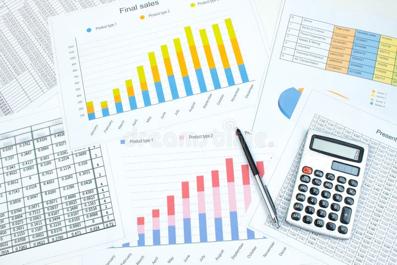 Financial Printed Paper Charts, Graphs and Diagrams on the Table. Top ...