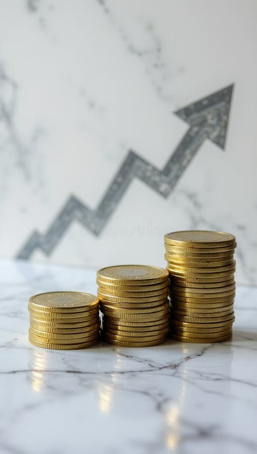 Financial Progress Symbol Stacks of Coins on Marble with Arrow Stock ...