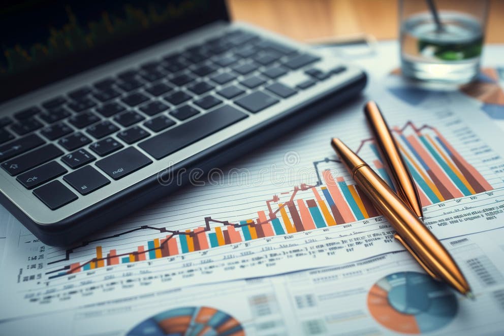 Financial Report Graph with Pen and Laptop Stock Illustration ...