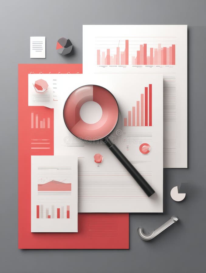 Financial Report Layout with Charts and Magnifier on Gray Background ...