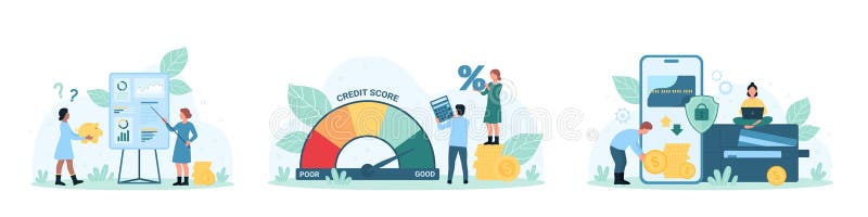 Financial Report Set, Tiny People Improve Credit Score Level, Work with ...