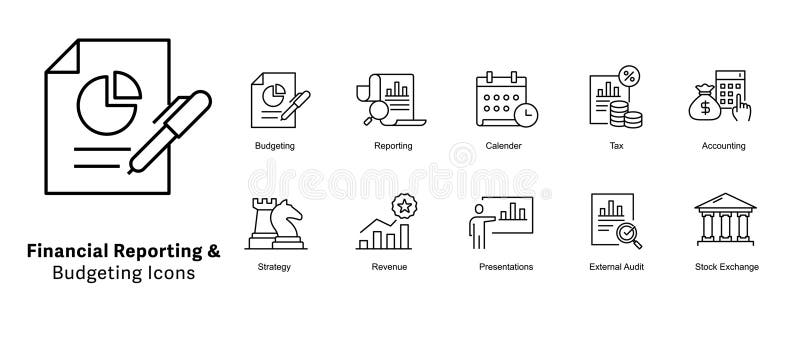 Financial Reporting and Budgeting Icons Set. Financial Communication ...