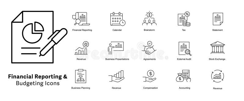 Financial Reporting and Budgeting Icons Set. Financial Communication ...