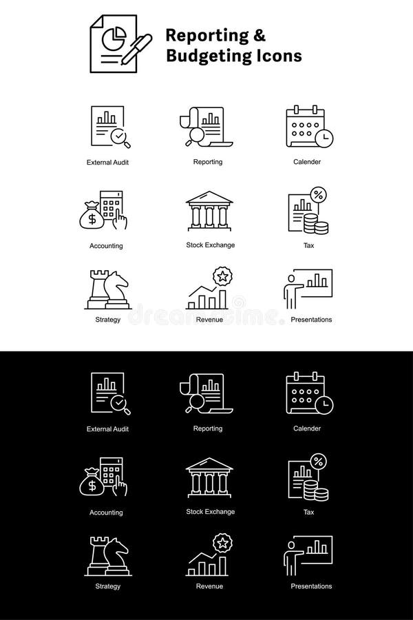 Financial Reporting and Budgeting Icons. Vector Line Icons with ...