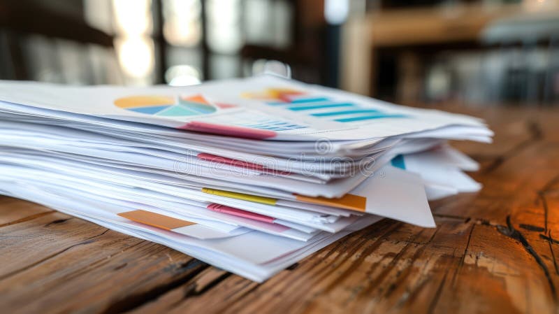 Financial Reports and Charts on a Wooden Table with a Stack of ...