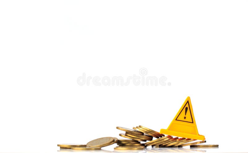 Financial Risk. Coins Falling and Warning Label on Whitebackground ...