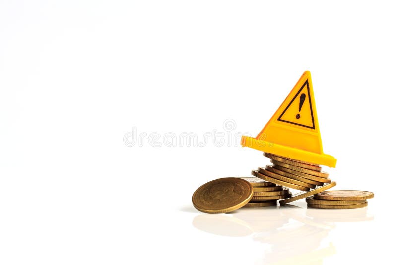 Financial Risk. Coins Falling and Warning Label on Whitebackground ...