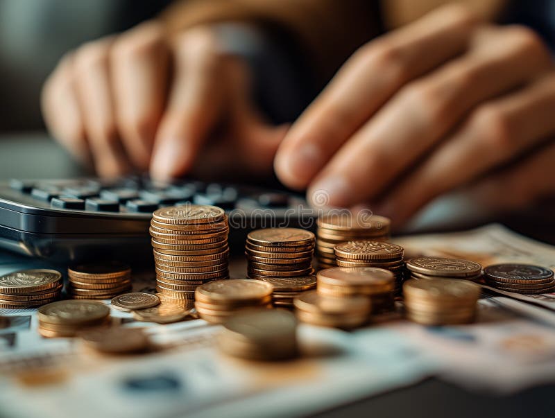 Financial Scene with Hands Counting Stacked Coins and Using a ...