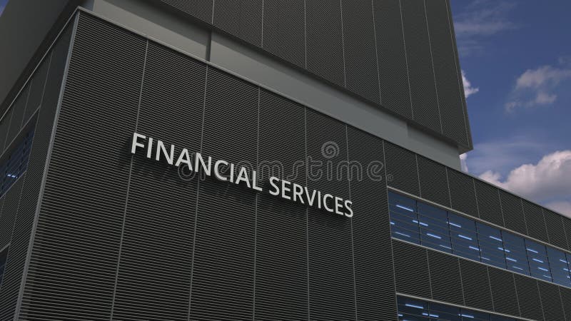 FINANCIAL SERVICES Text on a Modern Office Building, 3d Animation Stock ...