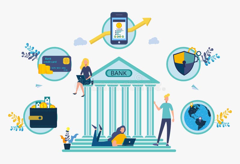 Banking Operations. Bank Building Facade With Columns. People Carry ...