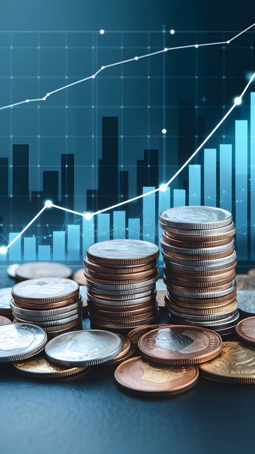 Coins Stacked Beneath Upward Trending Digital Chart, Cool Blue ...