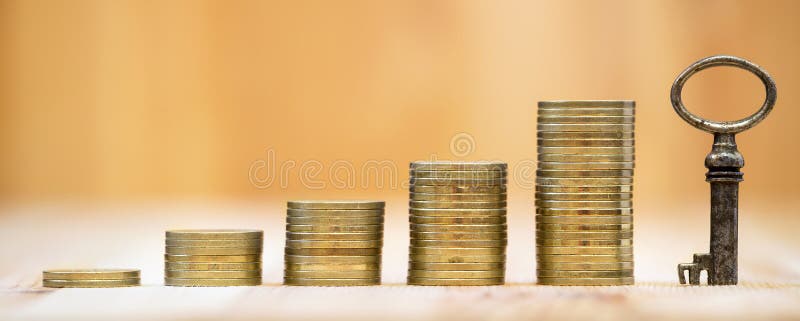 Financial Solution Concept - Gold Money Coins and a Key Stock Image ...