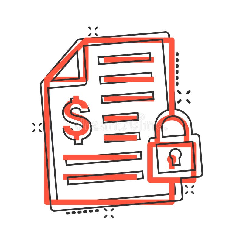 Financial Statement Icon in Comic Style. Document with Lock Cartoon ...