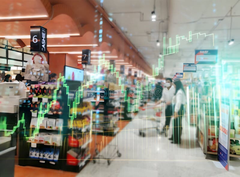 Financial Stock Market Graph Overlay on Blurred Supermarket Background ...