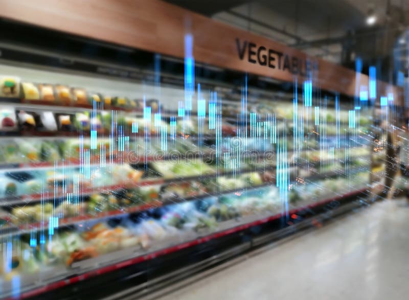 Financial Stock Market Graph Overlay on Blurred Supermarket Background ...