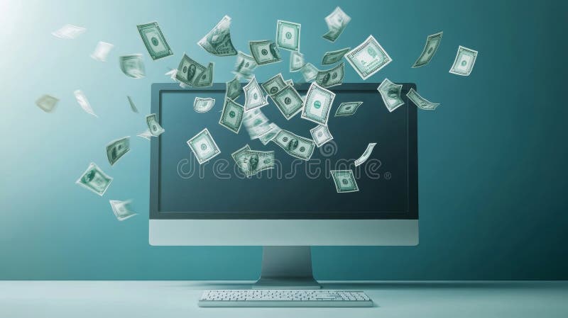 Financial Success Concept Modern Desktop Computer with Flying Dollar ...