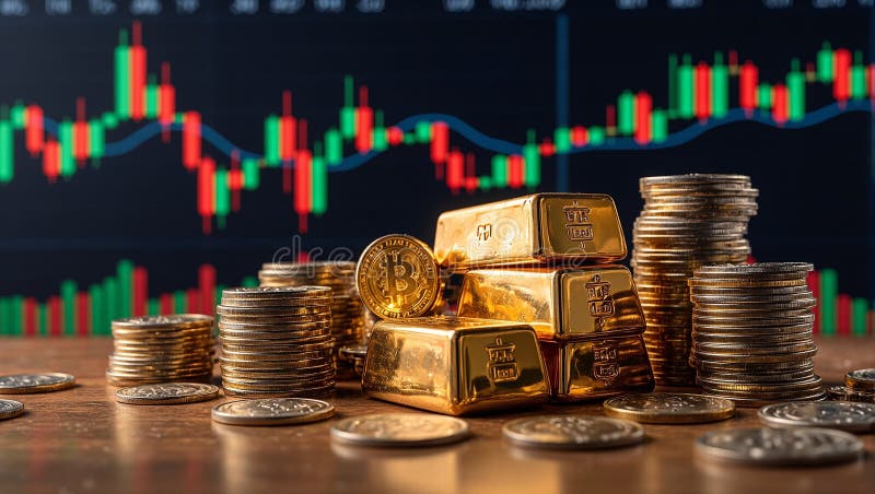 Financial Success Gold Bars Coins Dynamic Stock Chart Glowing ...