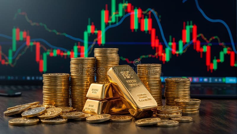 Financial Success Gold Bars Coins Dynamic Stock Chart Glowing ...