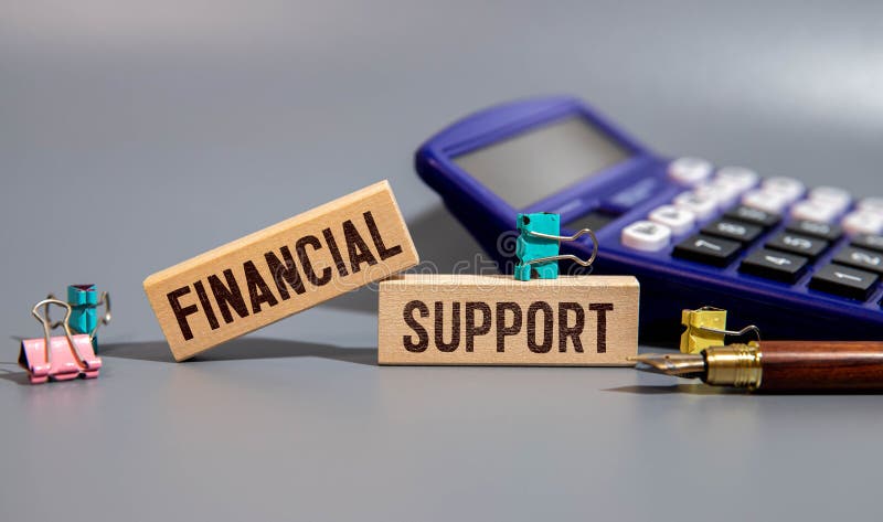 FINANCIAL SUPPORT Text on Wooden Block, Blue Background Stock Photo ...