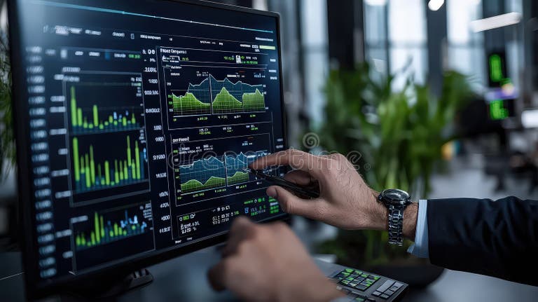 Financial Trader Analyzing Renewable Energy Stocks in Modern Office ...