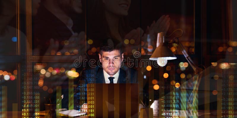 Financial Trader Using Laptop in Office at Night, Collage with People ...