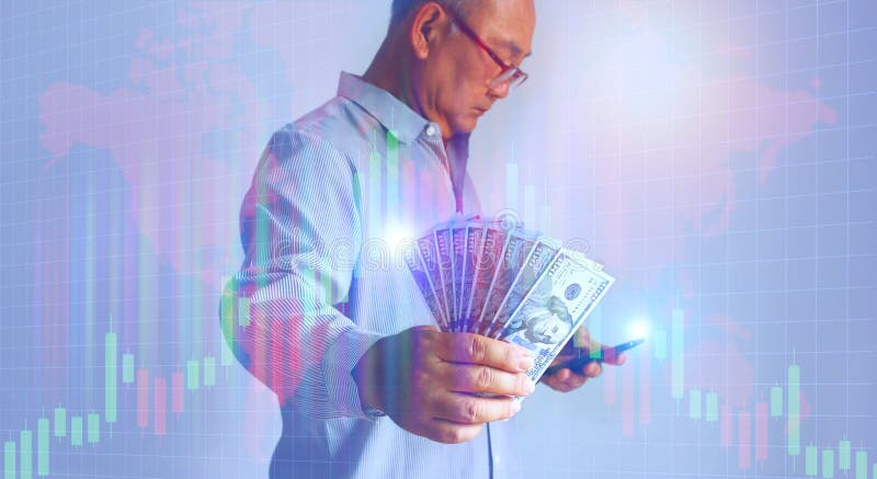 The Financier Holding Dollar in Hand while Using Mobile Checking ...