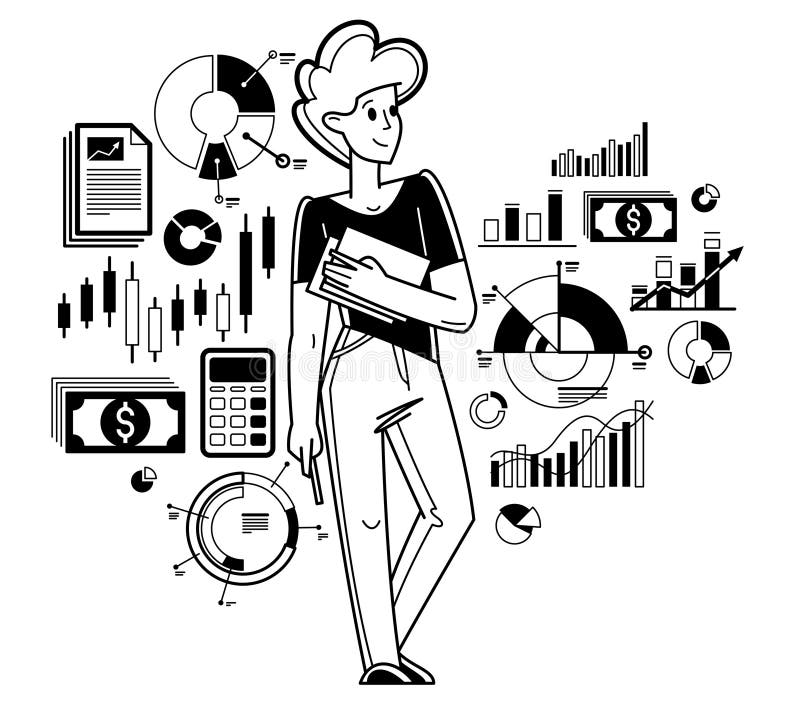 Financier Working with Charts and Bars Vector Outline Illustration ...