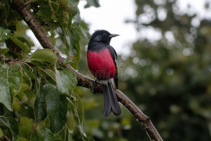 A Finch Perches on a Blooming Pink Apple Tree Branch, Singing Stock ...