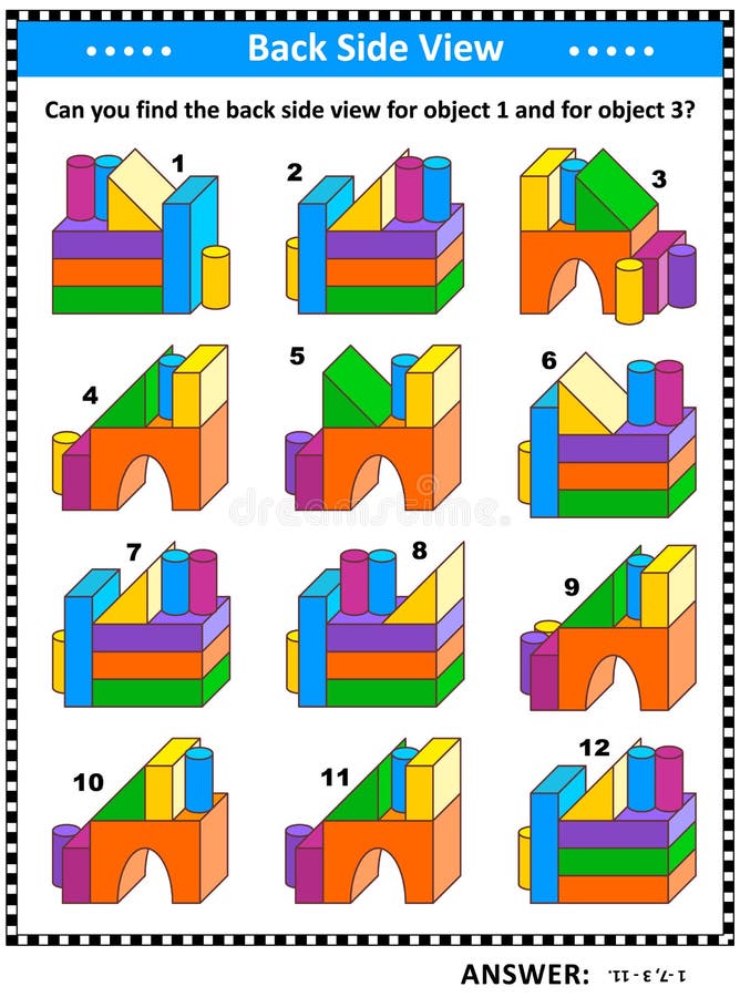 Find Back Side View Visual Math Puzzle with Building Blocks Objects ...