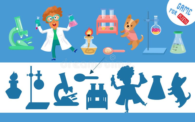 Find the Correct Shadow. Chemist Scientist, Lab Objects in Cartoon Flat ...
