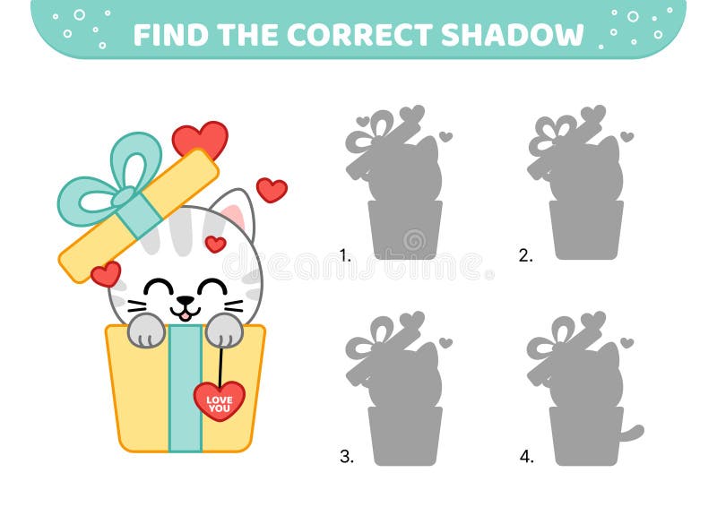 Find the Correct Shadow. Cute Cat in Gift Box. Shadow Matching Game ...